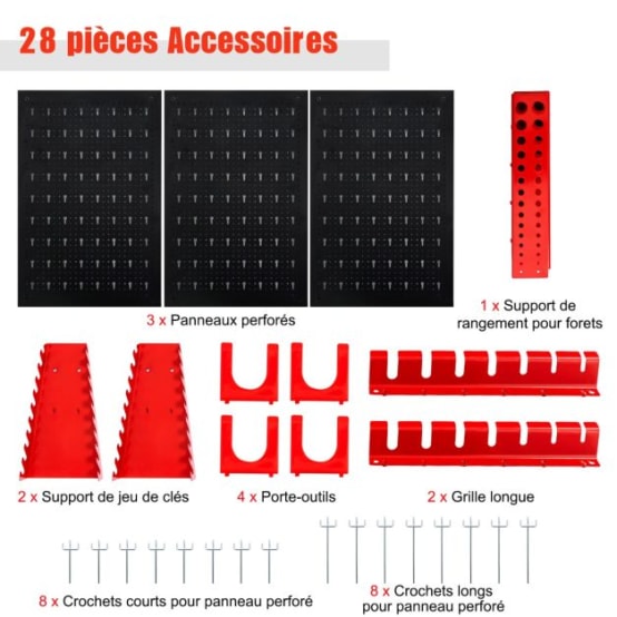 Kit de rangement d'outils en métal avec 3 panneaux perforés 25 accessoires de suspension pour ...