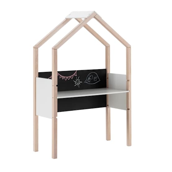 Bureau forme cabane en pin naturel et MDF laqué blanc avec plateau hauteur réglable et tableau ...