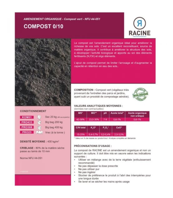 Compost vert amendement organique PRO 10 sacs 20 kg - Gamm vert