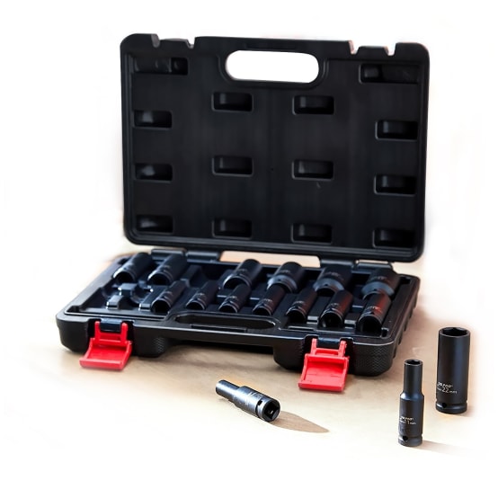 Coffret de douilles longues WIdmann W-16PS-BK 1/2 à choc 16 pcs Socket de 10 à 32, Acier chrome ...