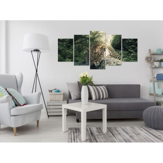 Tableau 5 Panneaux "Leopard Lying Wide Pale Green" 50 x 100 cm - Gamm vert