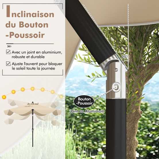 Parasol de Patio de 280cm avec Manivelle Inclinaison à Bouton-poussoir ...