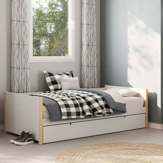 Lit banquette gigogne 90x190 en MDF laqué blanc et pin massif naturel - LILY - Gamm vert