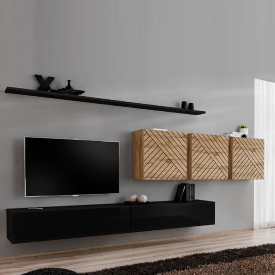 Ensemble Meuble TV "Switch Lamel VII" 340cm Noir & Naturel - Gamm vert