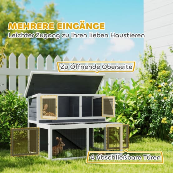 Clapier Lapin Bois Extérieur 2 Étages Enclos Toit Ouvrant Gris 122x95cm ...
