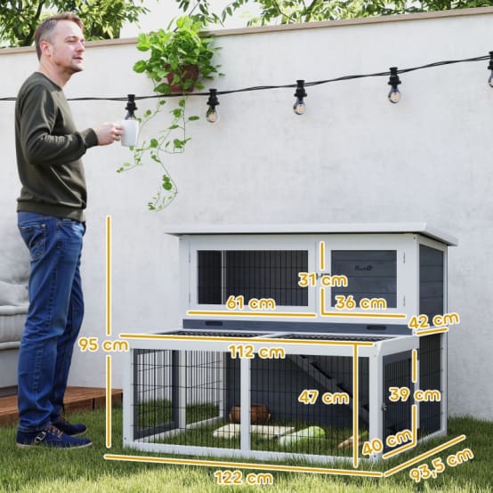 Clapier Lapin Bois Extérieur 2 Étages Enclos Toit Ouvrant Gris 122x95cm ...