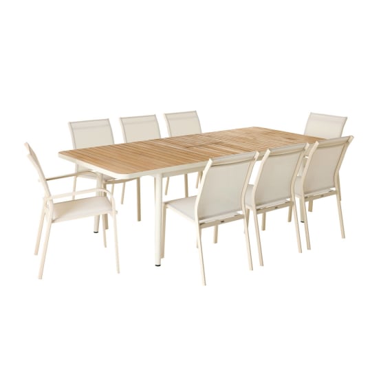 Table de jardin extensible teck et aluminium blanc 8 chaises 2 fauteuils 190/240cm - Gamm vert