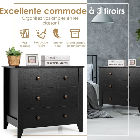 Commode Chambre Adulte, Commode 3 Tiroirs avec 4 Pieds - Gamm vert