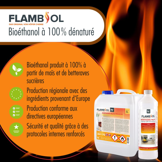 Bioéthanol 96,6% FLAMBIOL® pour cheminées - Bidon de 5L - Gamm vert
