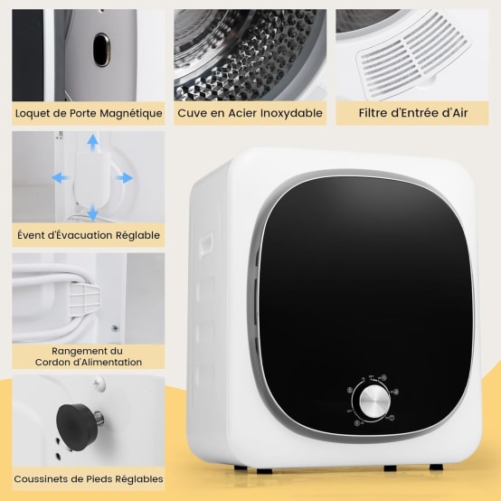 Sèche-Linge Compact 2,5KG, 800W avec 5 Modes de Séchage Tambour en ...