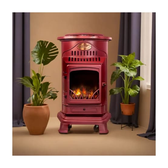 Poele à gaz 3,4 KW Rouge Effet poêle à bois Fonte véritable + Tuyau gaz ...