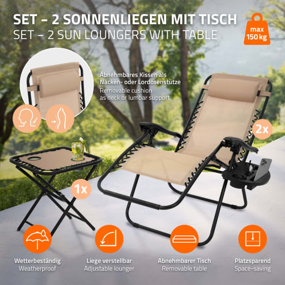 Set de 2 Chaises Longues Pliables, Chaise Tapue avec Table, en Acier ...