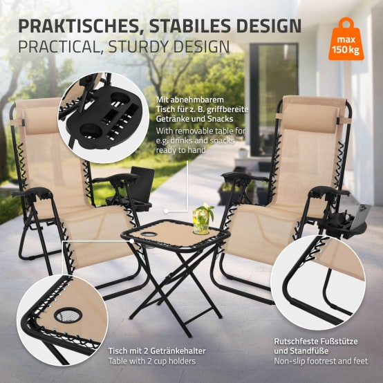 Set de 2 Chaises Longues Pliables, Chaise Tapue avec Table, en Acier ...