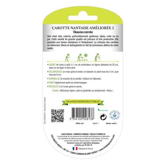 Graines Carotte nantaise améliorée 2 BIO Les Doigts Verts - Gamm vert