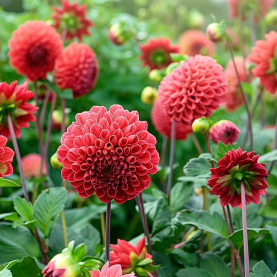 Dahlias - Set de 4 - Dahlia 'Bouqet Sunset' - Bulbes à fleurs - Gamm vert