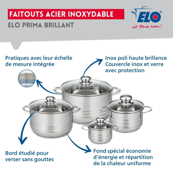 Ensemble de 1 Poêle de cuisson 32 cm et 4 faitouts 12, 16, 20 et 24 cm Elo Prima Brillant - Gamm ...
