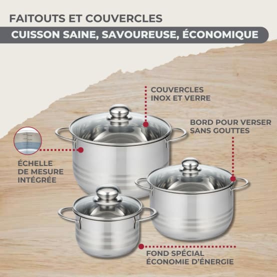 Set de 2 poêles 20 28 cm en inox, couvercles verres, 3 faitouts inox 16, 20 et 24 cm et 6 ...