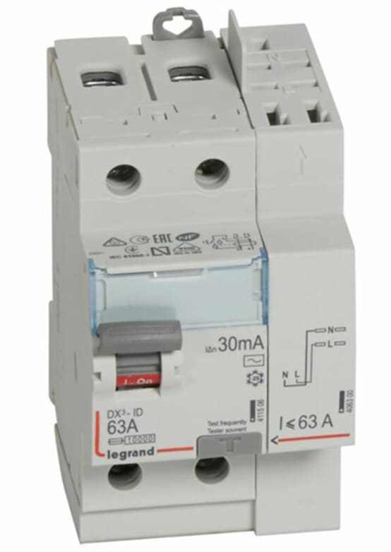Interrupteur différentiel DX³-ID 2P 230V 63A type A 30mA - LEGRAND - 411639 - Gamm vert