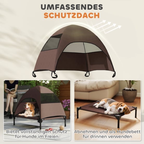 Lit de Camp Chien Surélevé avec Toit Polyester Extérieur 76x61cm Café ...