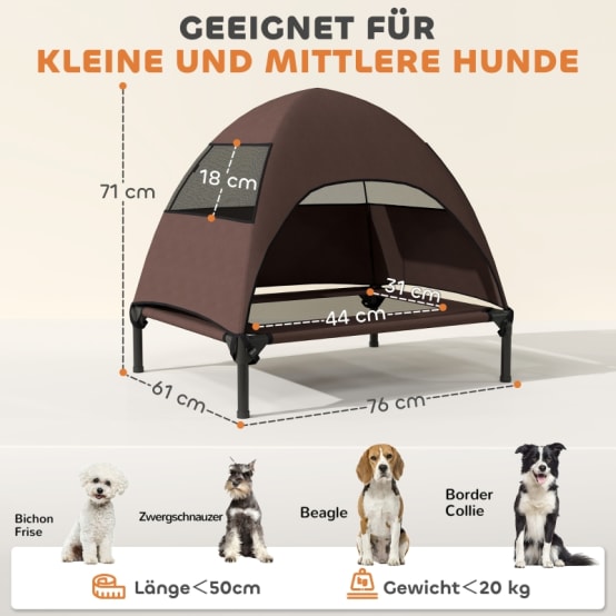 Lit de Camp Chien Surélevé avec Toit Polyester Extérieur 76x61cm Café ...