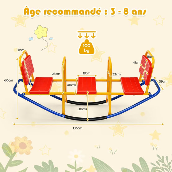 Bascule pour 3 enfants balançoire à bascule en métal tape-cul avec ...