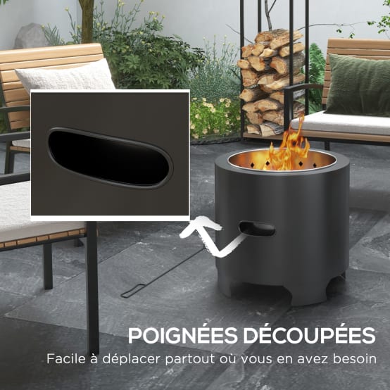 Brasero extérieur portable avec tisonnier - Ø 45 cm - acier inox métal ...