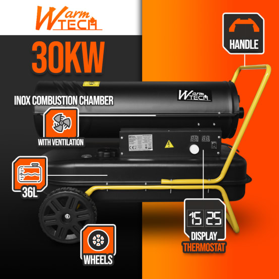 Canon à chaleur 30 kW diesel avec thermostat et roues - WARMTECH - Gamm vert