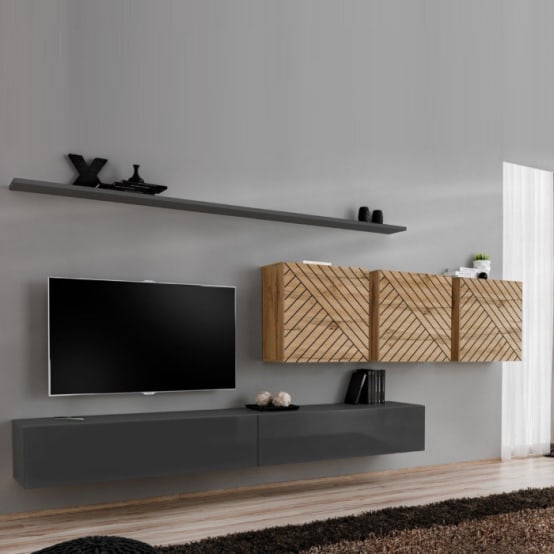 Ensemble Meuble TV "Switch Lamel VII" 340cm Gris & Naturel - Gamm vert