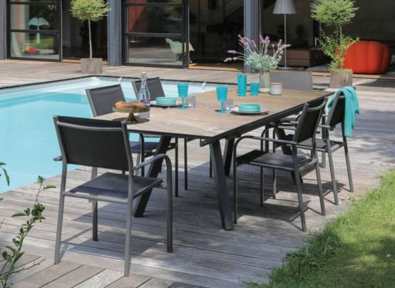 Table de jardin Agra, plateau à lames Fundermax® hpl - graphite/wood150/200/250 cm PROLOISIRS ...