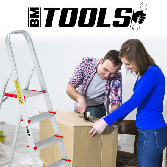 Escabeau à 4 marches BM TOOLS BMT-ESC4-ALU - Haut. de travail : 79 cm - prend peu de place et se ...