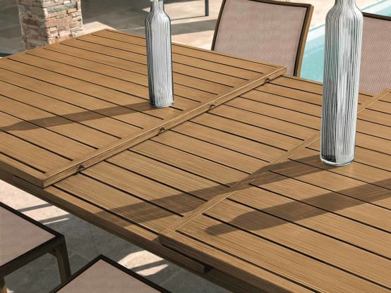 Ensemble repas table rectangulaire extensible en aluminium aspect Teck SANTORIN avec 10 ...