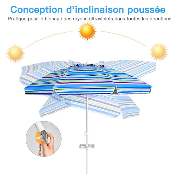 Parasol de Plage Inclinable 2,2 M avec Porte-Gobelet Protection Solaire ...