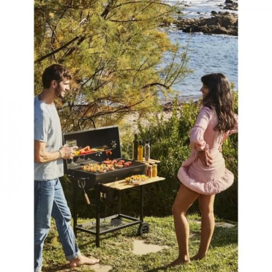 Barbecue a charbon MIKE - 2 grilles acier chromé - Surface de cuisson : 71 x 35 cm - Noir - Gamm ...