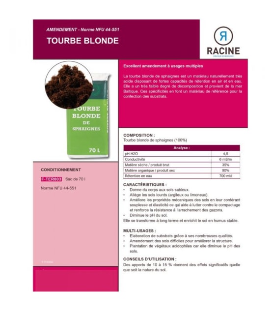Tourbe blonde de sphaignes, sac de 70 litres - PRO98 - Gamm vert