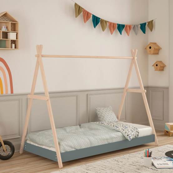 Lit tipi 90x200cm hauteur réglable en MDF laqué vert kaki et pin massif naturel - KANOA - Gamm vert