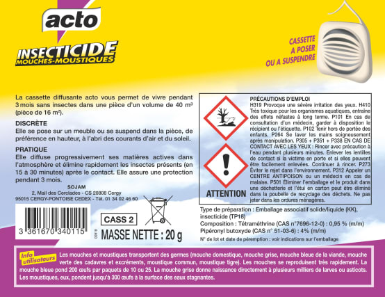 Cassette insecticide mouches-moustiques 20 g - ACTO - Gamm vert