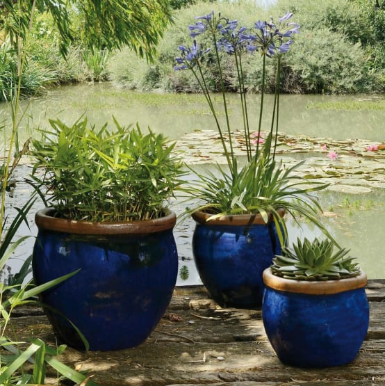 Set de pots terre cuite émaillée bleu - DEROMA - Gamm vert
