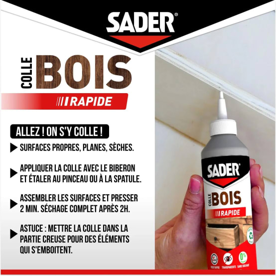 Colle bois rapide vinylique incolore 250 g - SADER - Gamm vert