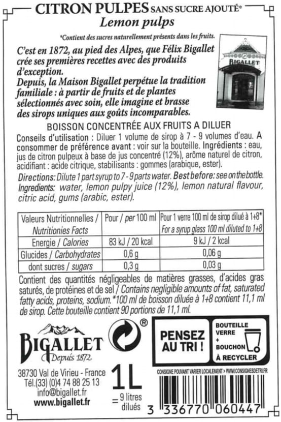 Sirop "Les pulpés" citron 1 L - Bigallet - Gamm vert