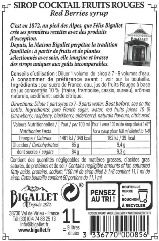 Sirop cocktail de fruits rouges 1 L - Bigallet - Gamm vert