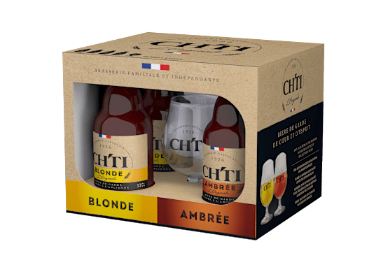 Coffret bières 4 x 33 cl + 1 verre "Ch'ti" - Brasserie Castelain - Gamm vert