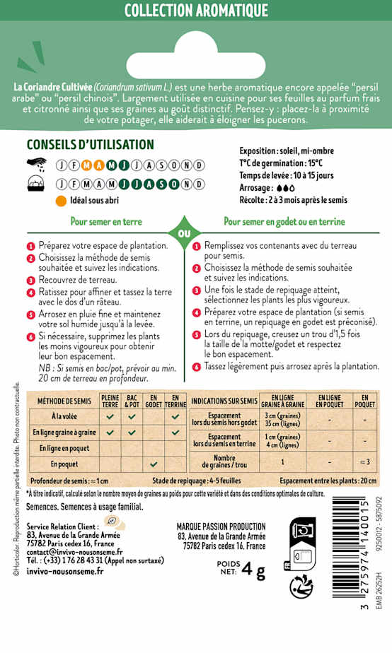 Coriandre cultivée graines sachet 4 g - INVIVO Nous on sème - Gamm vert